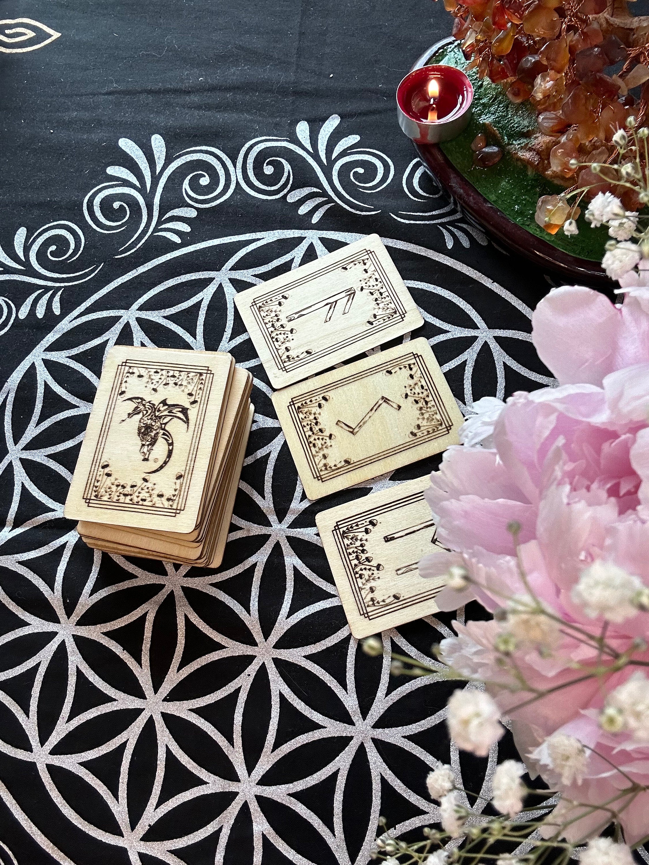 Rune Card Deck with Mushrooms - Wooden Cards in Leather Box with Begin ...